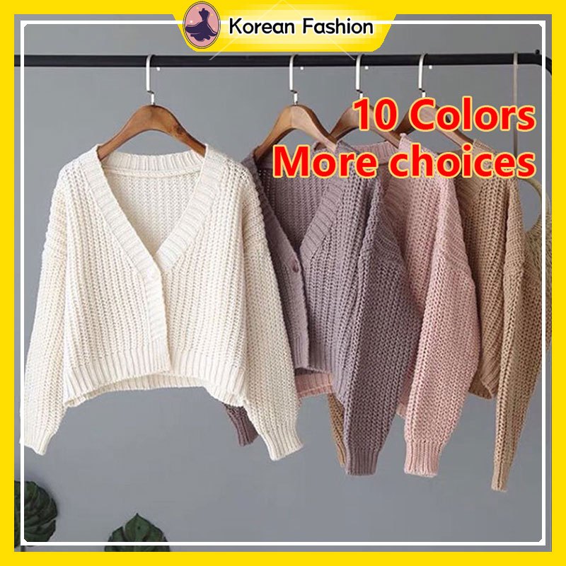 Korean Fashion All-Match V Neck Knit Cardigan Short Long Sleeve Sweater ...