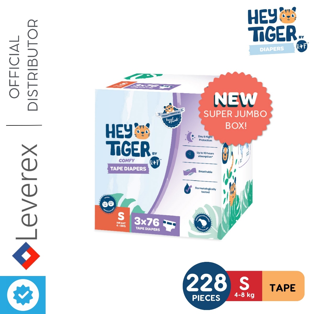 [CLEARANCE] Hey Tiger | Tape Diapers | Small | Super Jumbo Box (228pcs) | Color Retail Carton ...