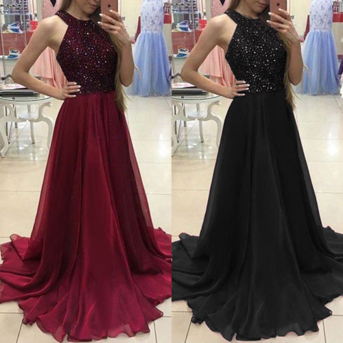 Women Evening Dress Halter Rhinestone Backless Floor-Length Formal ...
