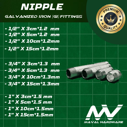 Galvanized Iron (GI) fittings - Nipples - Length = 3cm, 5cm, 10cm, 15cm ...