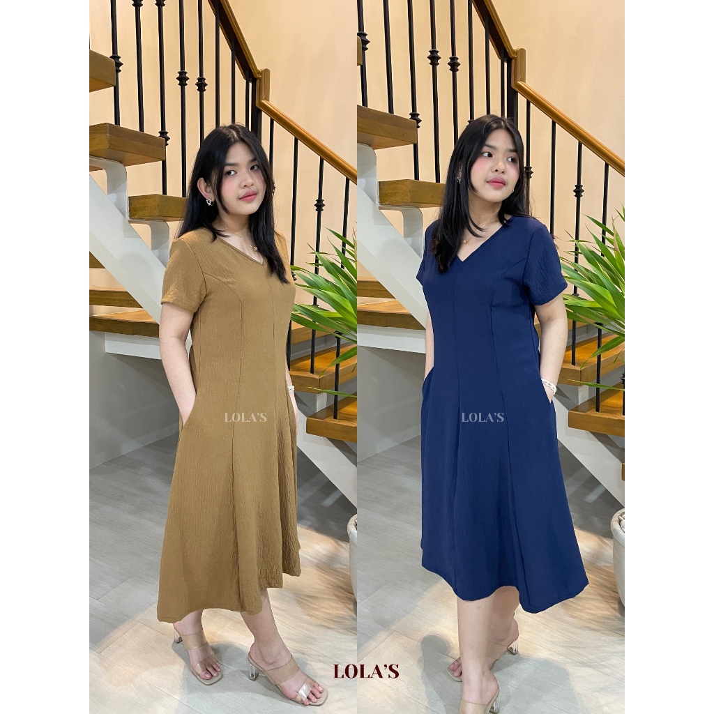 LOLA'S Reema Dress | VNeck A-Line Midi Dress Casual Workwear | Shopee ...