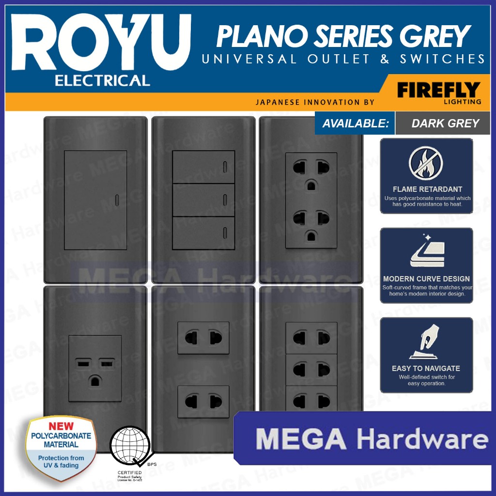 ROYU Plano Series Dark Grey Universal Outlet & Switch (1Gang, 2Gang ...