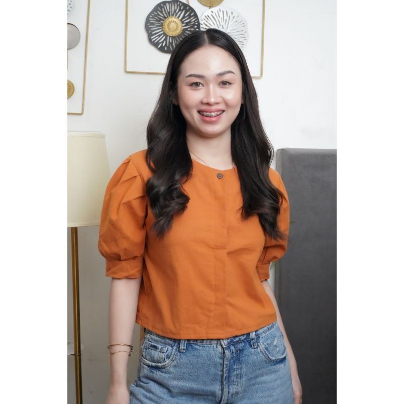 Yamari.PH Basic Casual linen round neck puffsleeves buttondown Polo top | VANESSA | Shopee ...