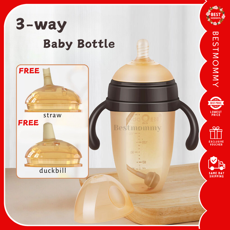 BESTMOMMY Baby 3in1 Multi-purpose Silicone Wide Neck Infant Feeding Bottle with Handle Straw ...