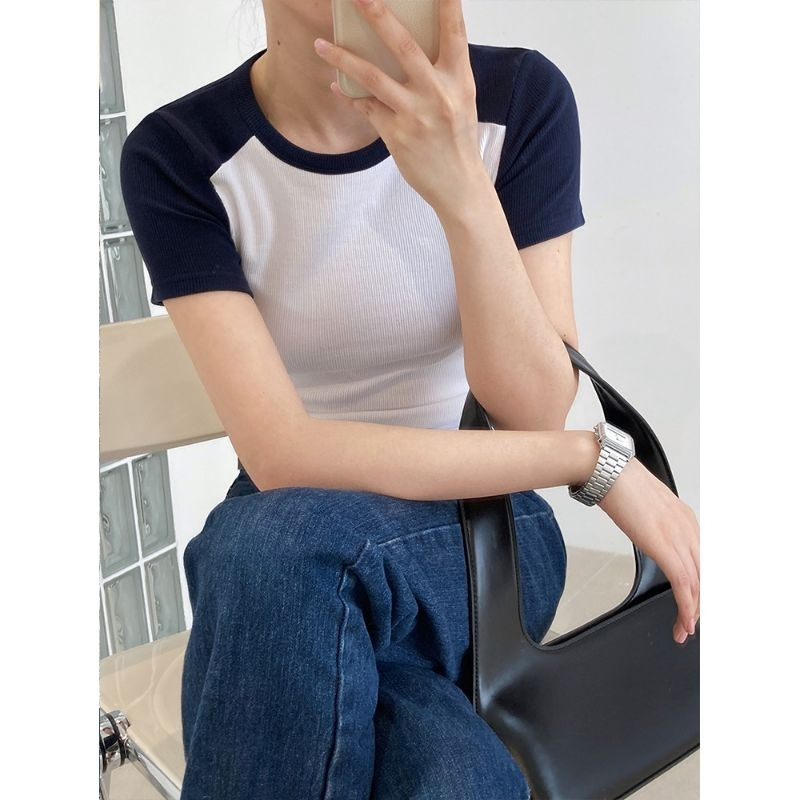 two tone raglan full length top tshirt shirt tee contrast trim casual ...