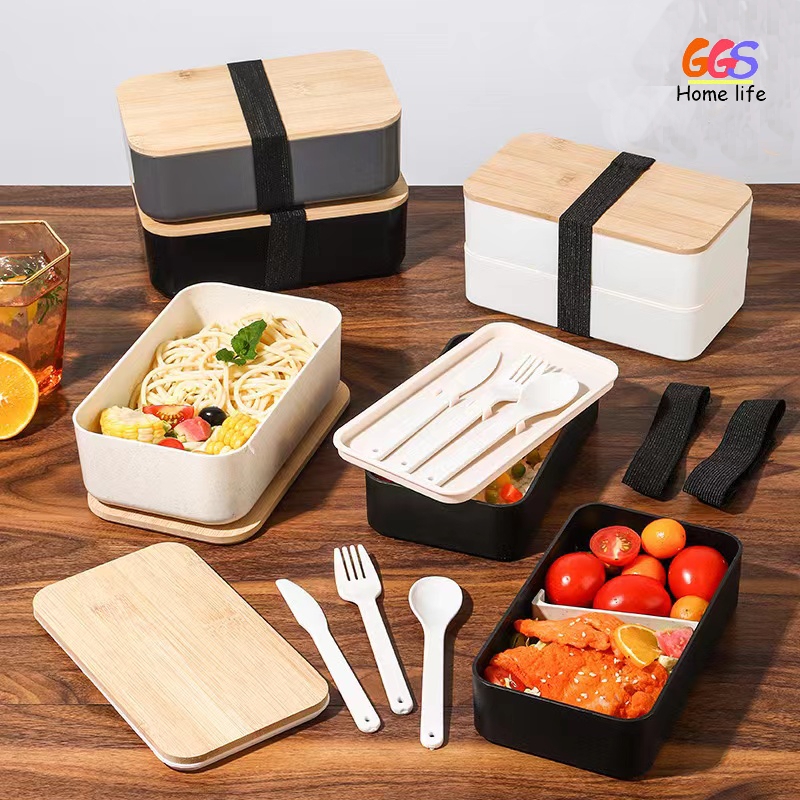 Japanese bamboo covered single/double-layer seal student bento box with ...