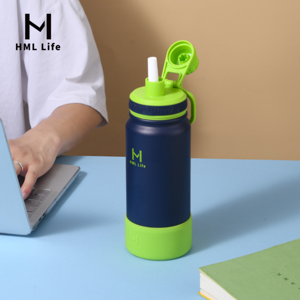 HML Life Series 550ml With Straw Water Bottle Vacuum Flask Wide Mouth with Straw Lid Cover ...