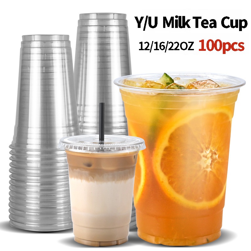 [100pcs]Plastic Y/U 95mm Milk Tea Cups With Flat/Dome/Strapless Lids ...