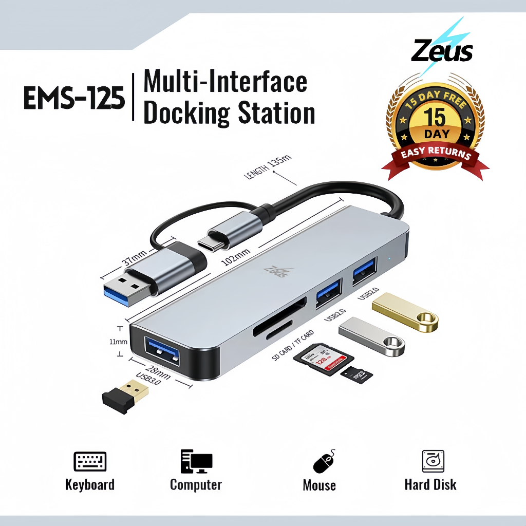 Zeus 5 in 1 USB HUB Type C High Speed USB 3.0 Ports SD/TF Memory Card ...