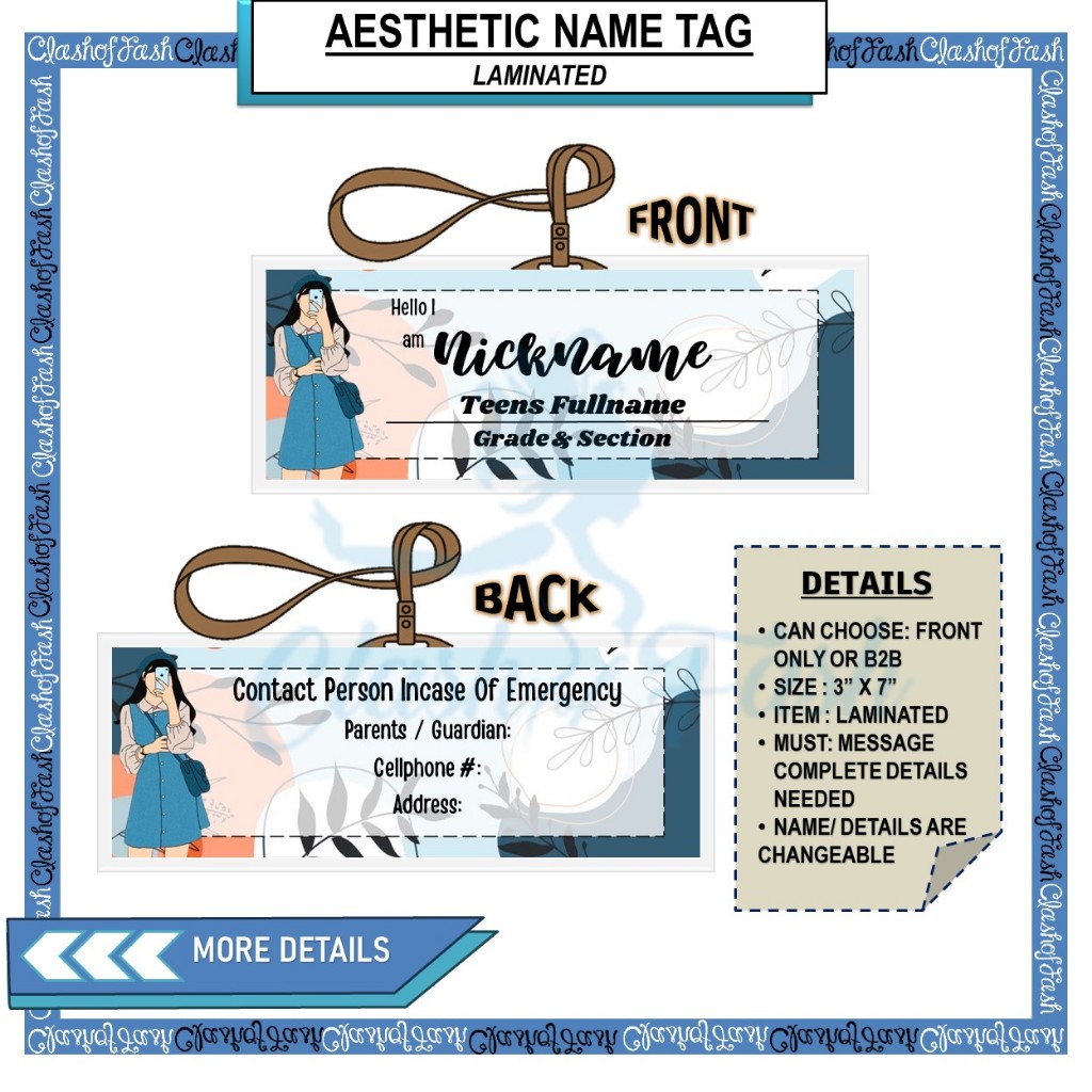 LAMINATED NAME TAG: AESTHETIC DESIGN | FOR FEMALE TEENS | SIZE: 3"x7 ...