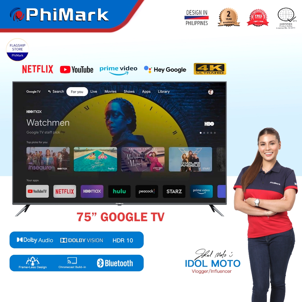 PhiMark 75" 4K Smart Google TV Smart Google TV, Frameless Design, HEY ...
