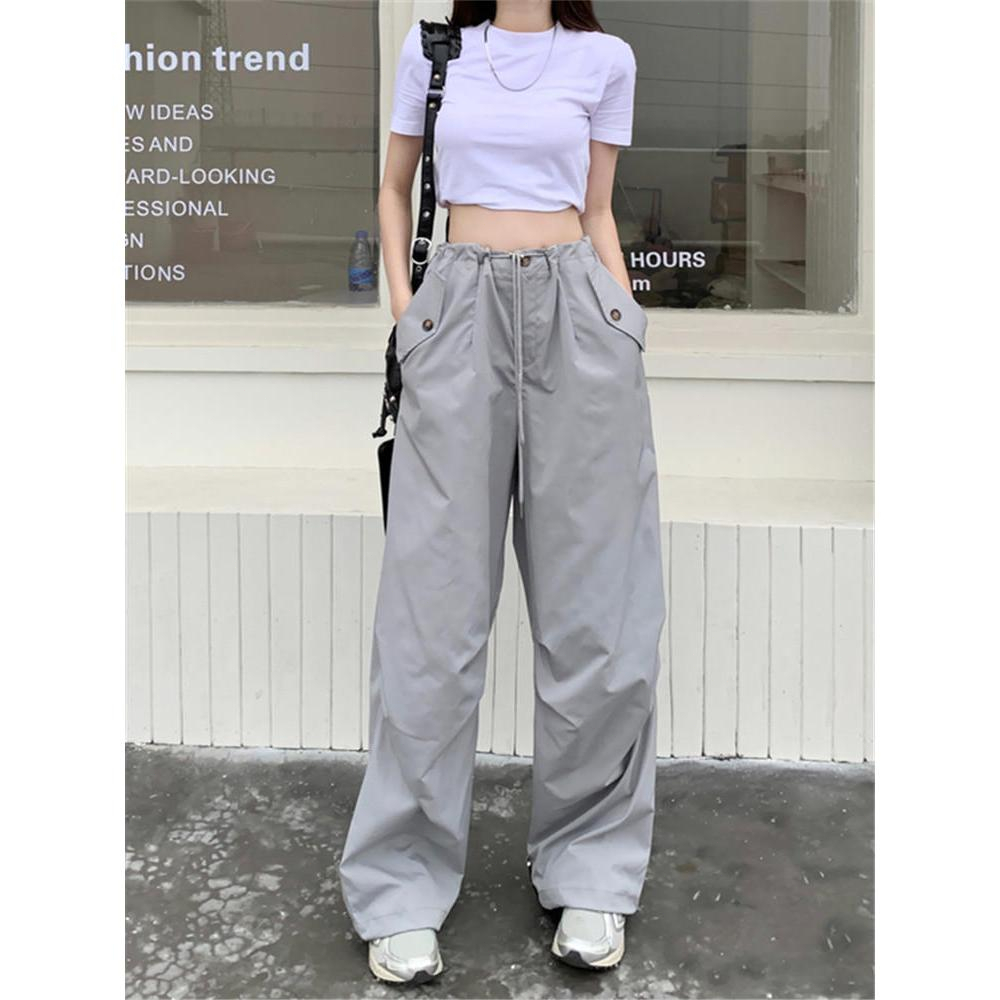 American style parachute overalls women's high waisted wide leg pants ...