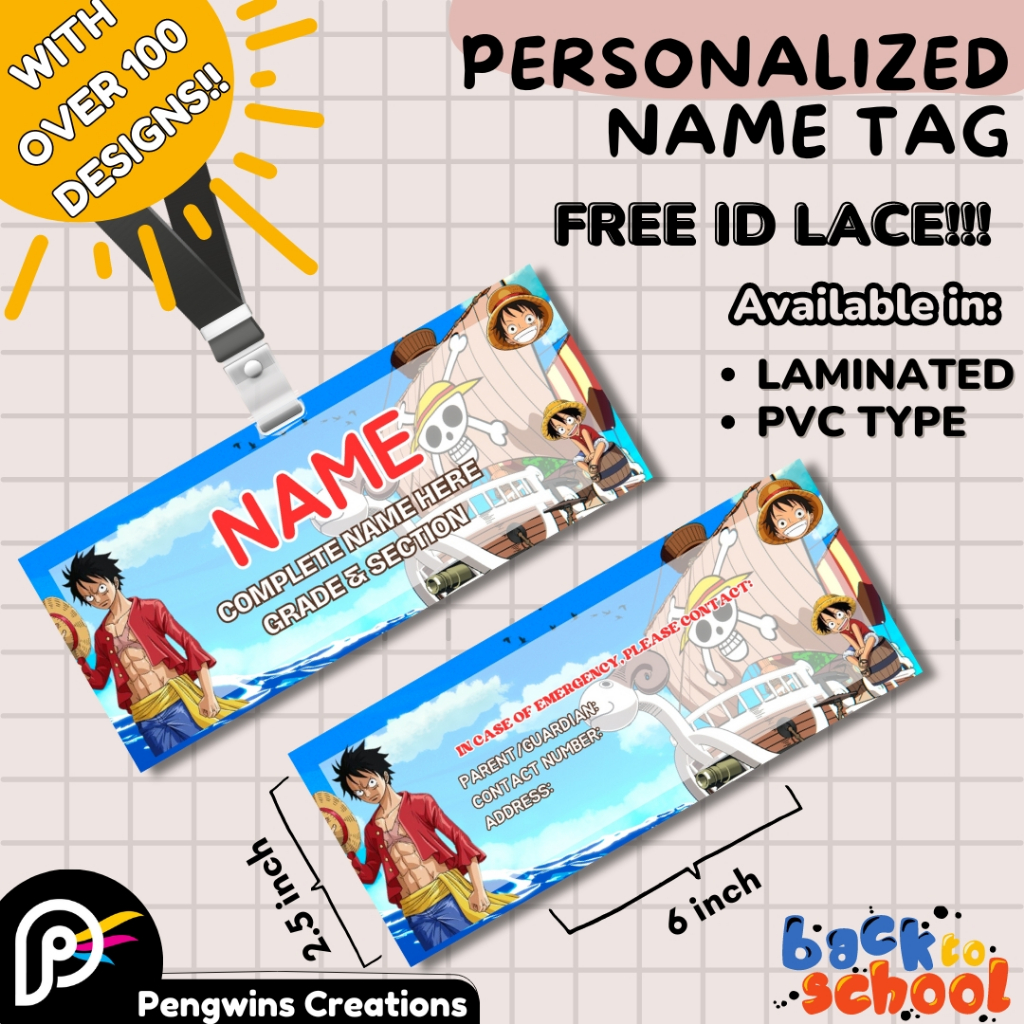ONE PIECE Designs - Customized PVC or LAMINATED School Name Tag for ...