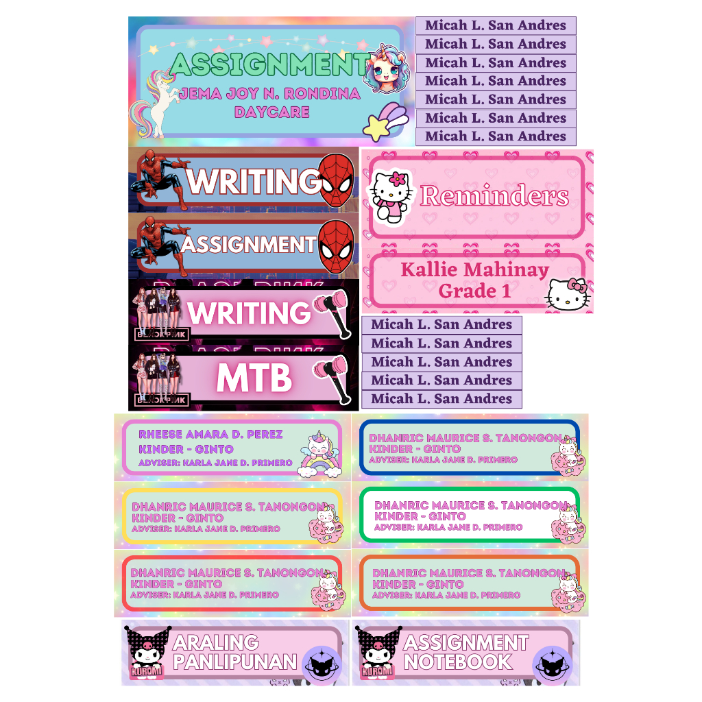 Personalized Sticker NAME / SUBJECT/ SCHOOL/ GRADE LEVEL (Size A4 Sheet ...