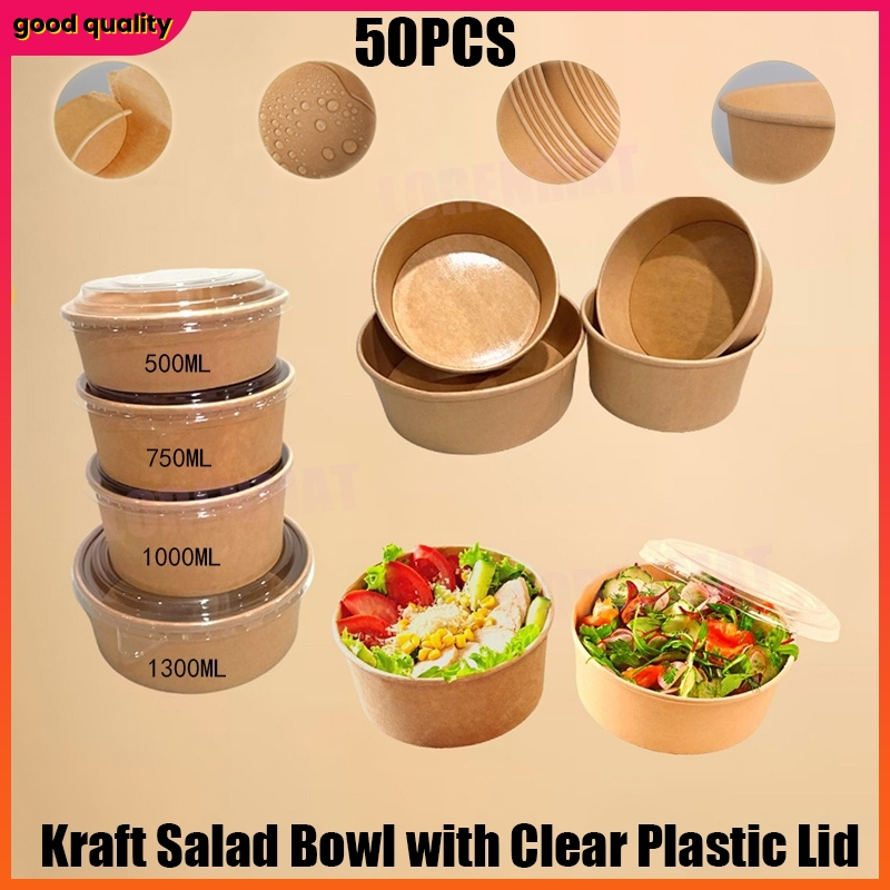 Kraft Salad Bowl 50 Pcs Round Disposable Paper Bowl with Plastic Lid ...