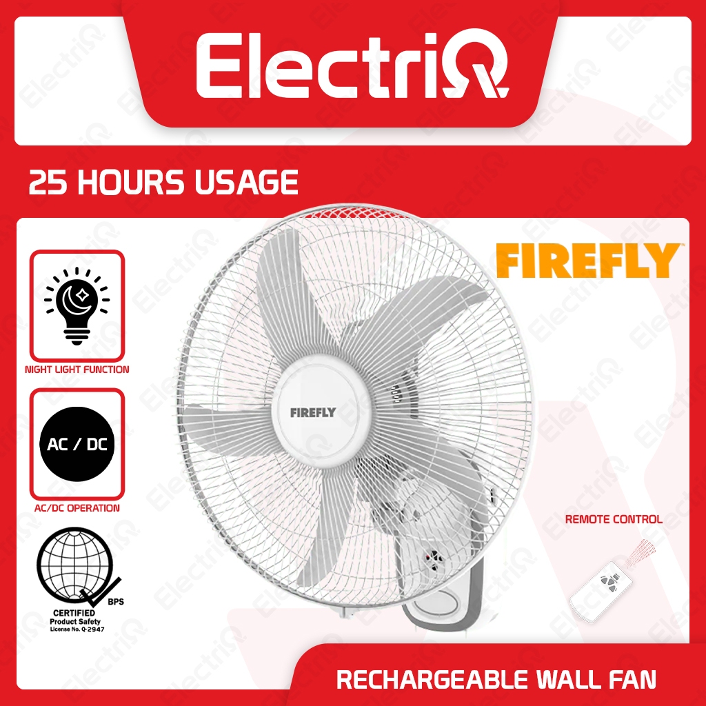 Electriq l Firefly Rechargeable 14 inch Wall Fan with Night Light and Remote Control FEL652 ...