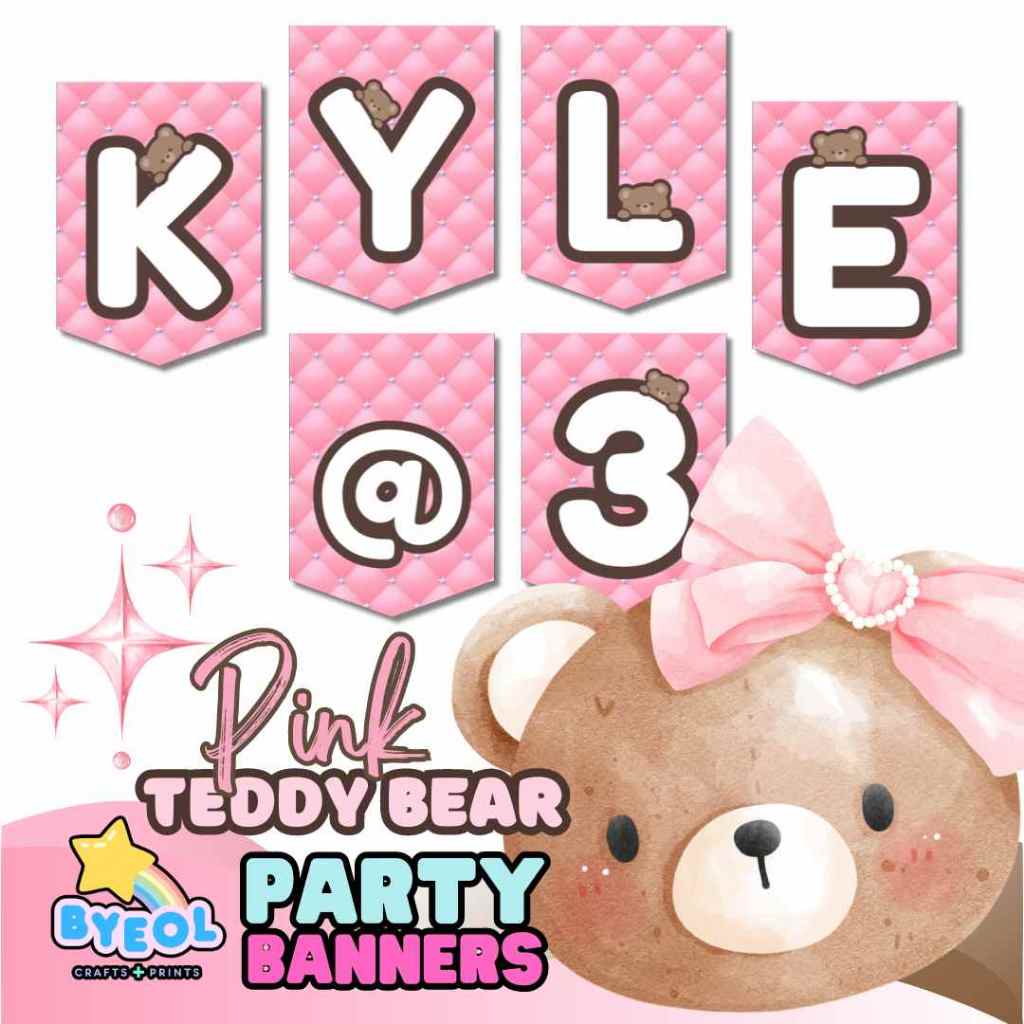 byeolprints BIRTHDAY PARTY BANNER PINK TEDDY BEAR THEMED w/ string ...