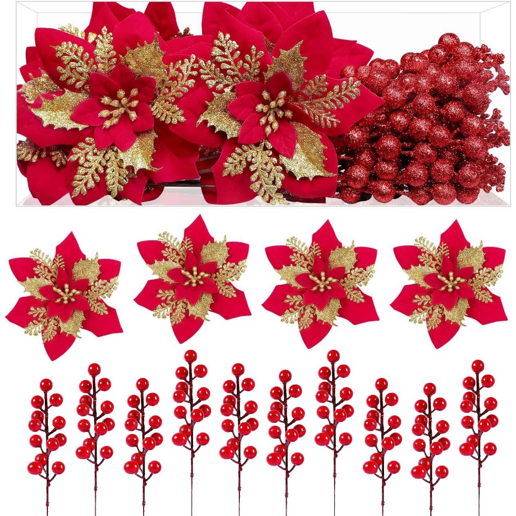20PCS Set Poinsettias Artificial Christmas Flowers Holly Berry Stems ...