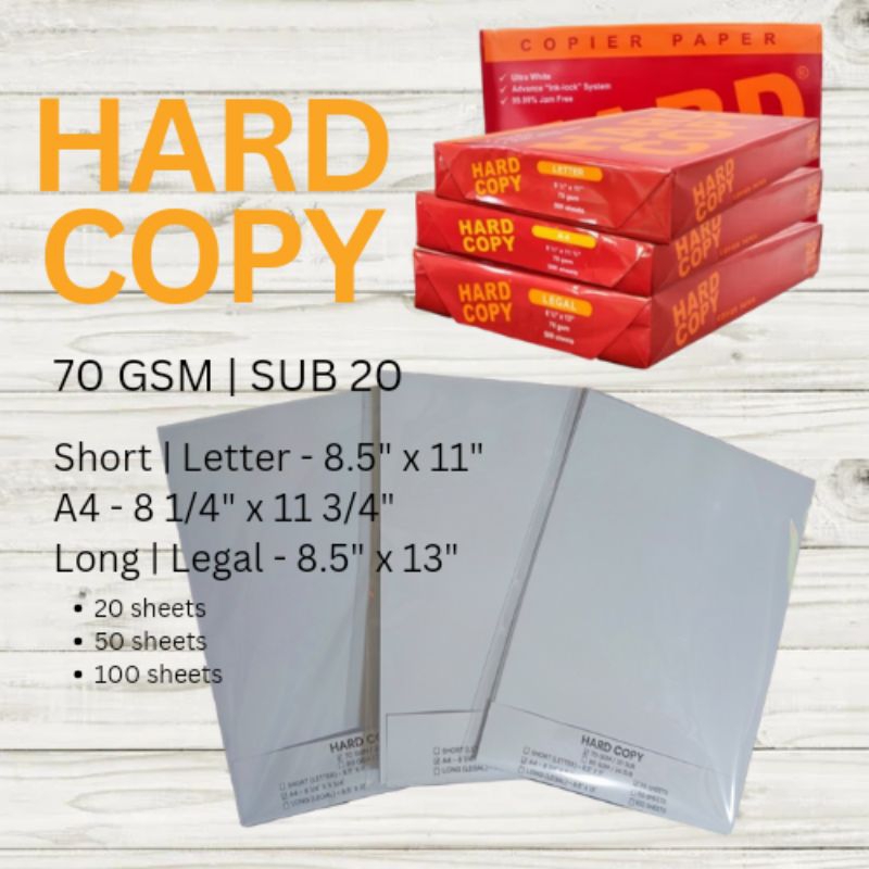 HARD COPY 70GSM Short, A4, Long (20/50/100) Repacked. | Shopee Philippines