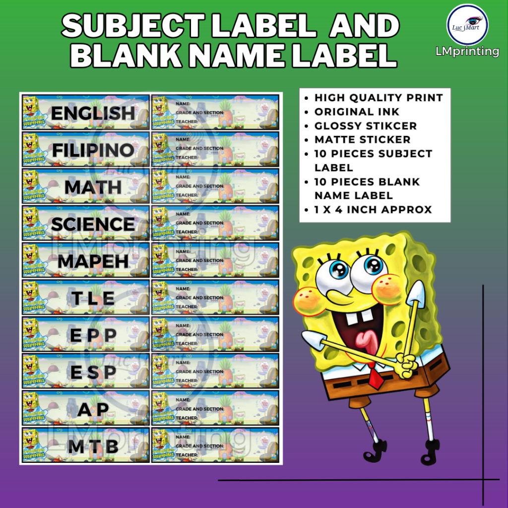 LUCSMART printsNcrafts SPONGEBOB SQUARE PANTS subject and Name Label ...