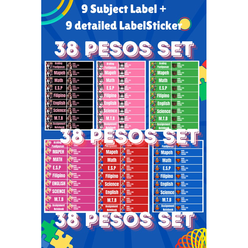 Cute and Different Cartoon Characters Subject and Blank Name Sticker ...