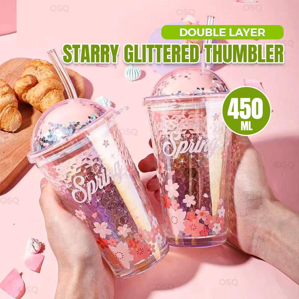 OSQ 450ml Double Layer Starry Cherry Glittered Glass Tumbler With Lid & Straw | Shopee Philippines