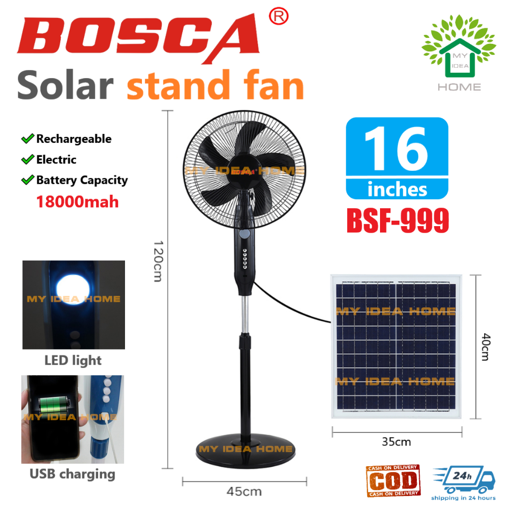 BOSCA Solar Stand Fan 16 inches AC/DC Dual Power Rechargeable Solar ...