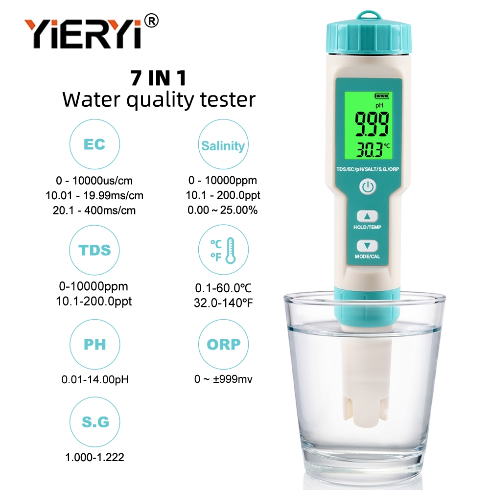 YIERYI C-600A 7-in-1 Water quality tester PH Salinity TDS/EC/ORP/SG ...
