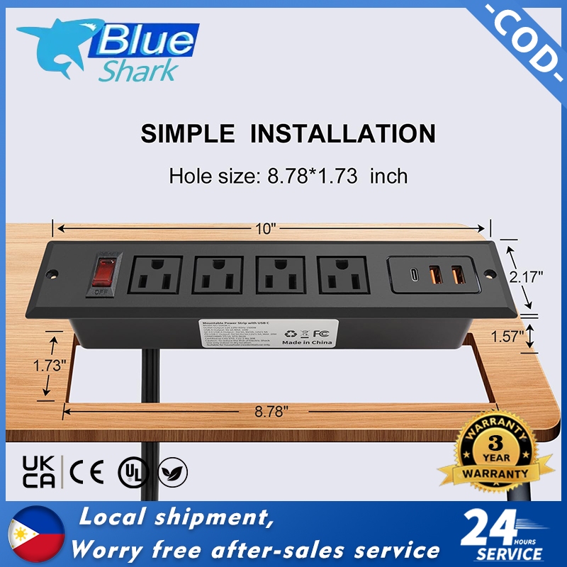 Recessed Power Strip with Type C 20W PD Fast Charge Desk Power Outlet 4 ...