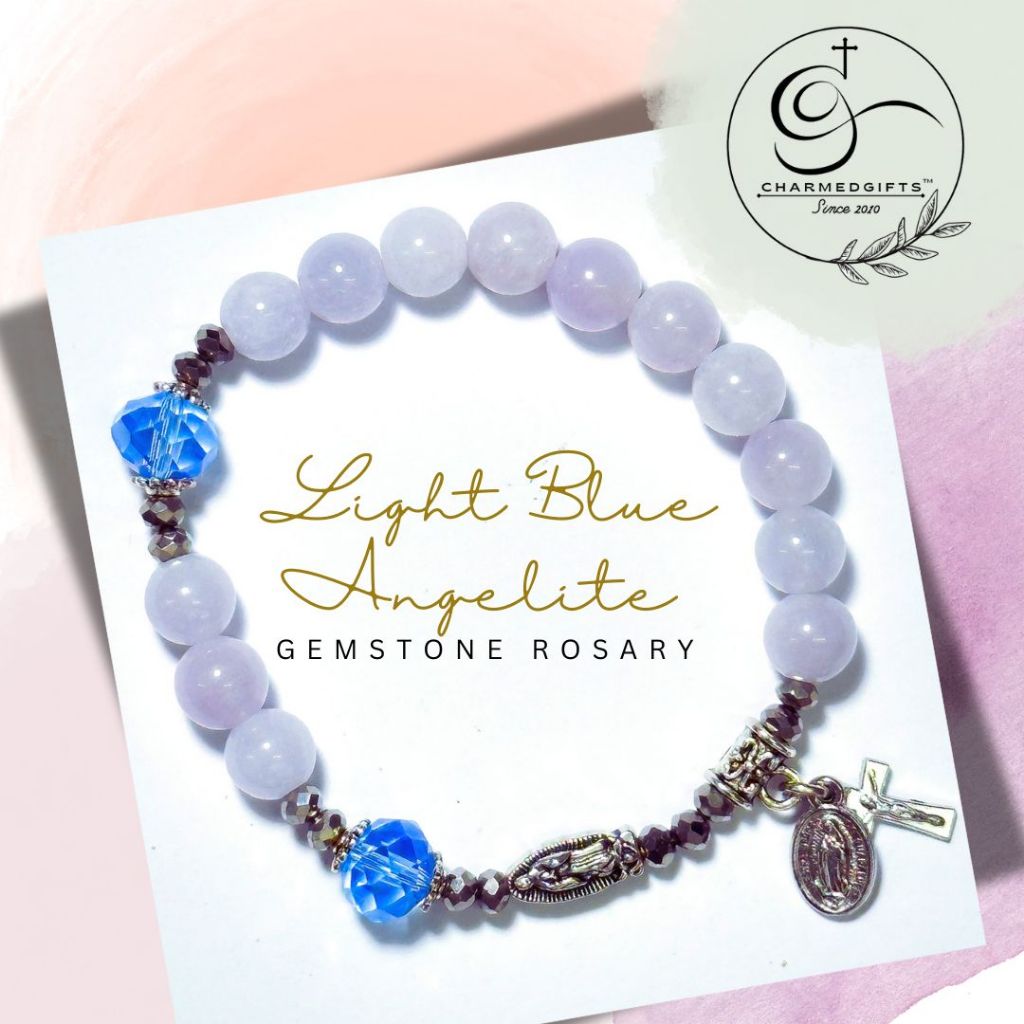 MYCHARMEDGIFTS Light Blue Angelite Stone Semi-Precious Gemstone Rosary ...
