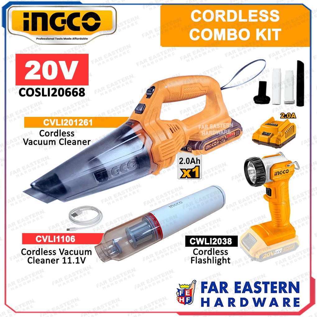INGCO COMBO KIT Cordless Vacuum Cleaner + LED Flashlight w/ Battery ...