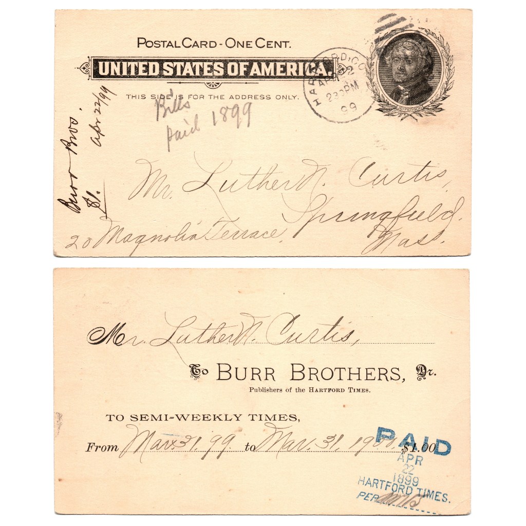 1899 Vintage Americana One Cent Postcard Bills Paid Notification ...