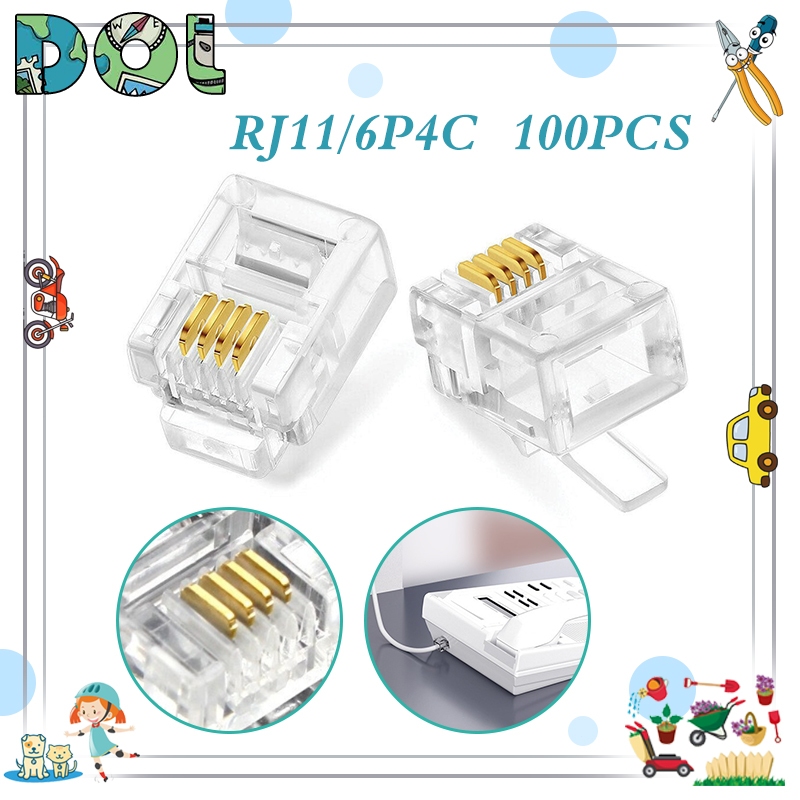 100pcs 6P4C RJ11 Connector Pure Copper 4-Core Phone Jack Gold-Plated ...