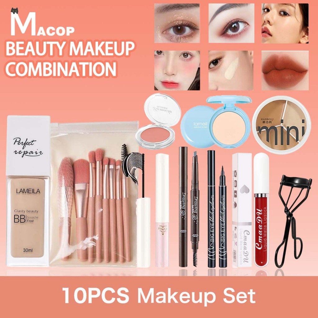 10 PCS Make Up Set Complete Lip Gloss Eyeliner Mascara Blush Eyebrow ...