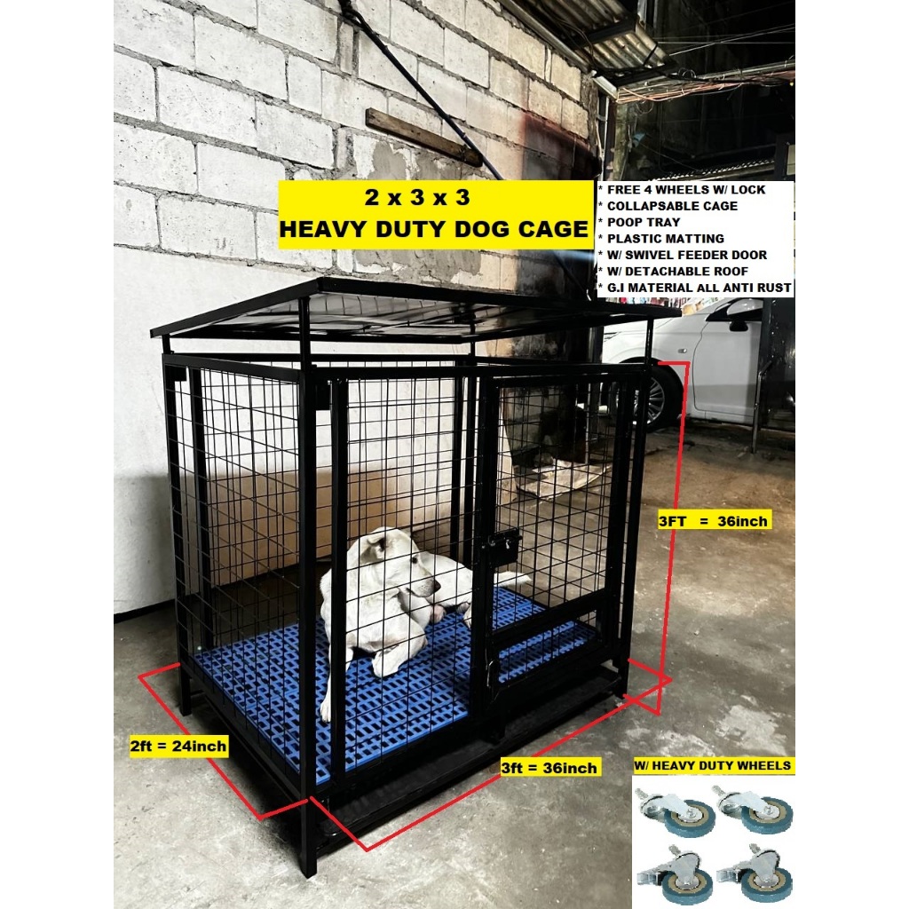 HEAVY DUTY DOG CAGE COLLAPSIBLE WITH ROOF, WHEELS, FEEDER DOOR, UNTI ...