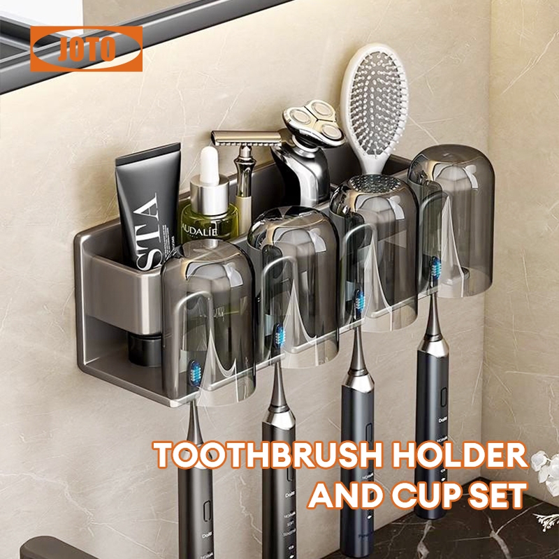 JOTO【With Cup】Gun Gray/Black Toothbrush Holder Wall Mounted Toothbrush ...