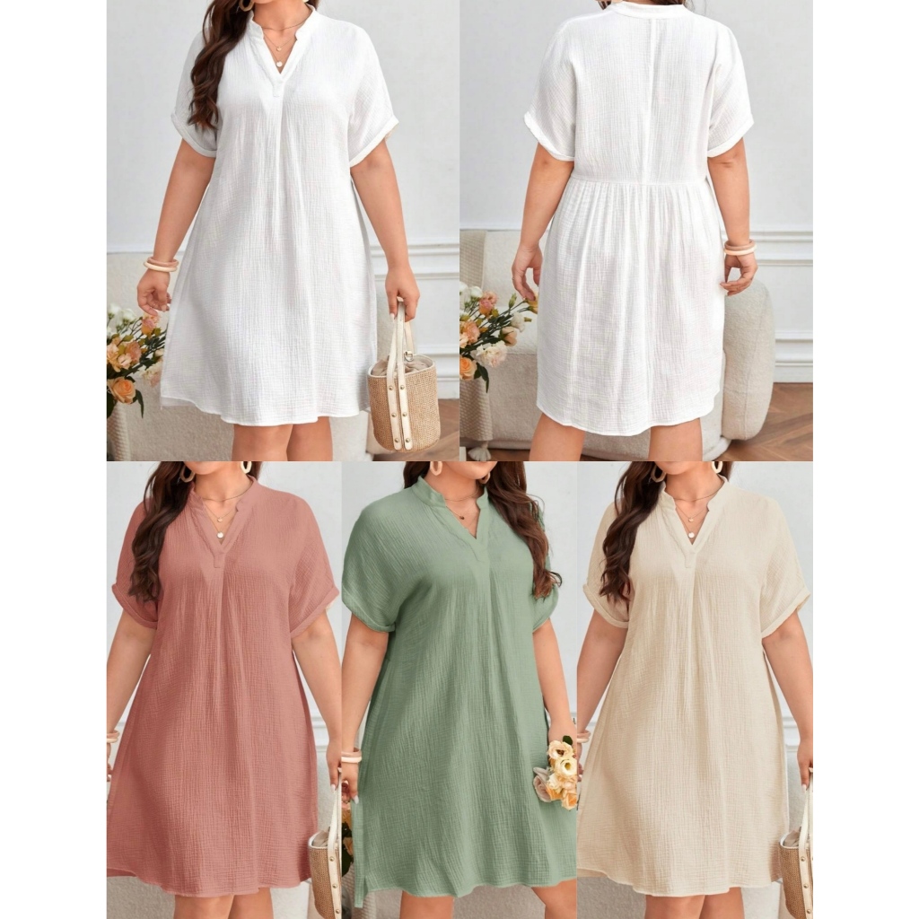 Collar Neck Fold-up Batwing Sleeve Back Garter Plus Size Dress A-Line ...