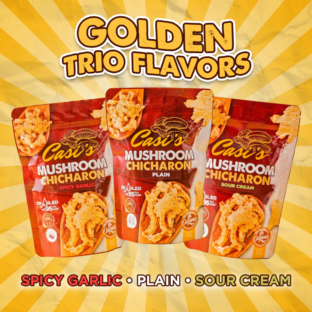 Casi's Mushroom Chicharon 100grams-GOLDEN TRIO FLAVORS - SPICY GARLIC ...