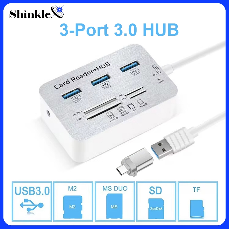 Shinkle 3 Ports USB HUB Memory Card Reader USB3.0 Hub Aluminum MS SD M2 TF Multi-In-1 Card ...