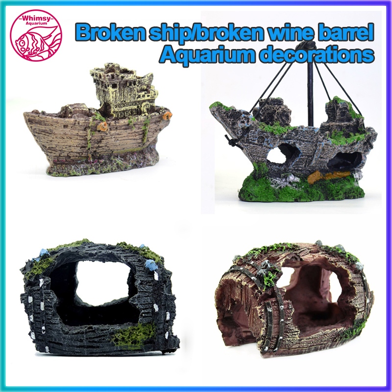 Aquarium Wine Barrel pirate boat volcano Resin Ornament Artificial ...