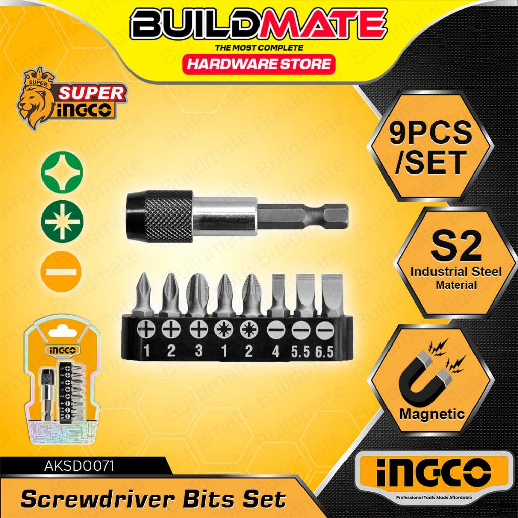 BUILDMATE Ingco 9PCS Screwdriver Bits Set S2 Magnetic Interchangeable ...