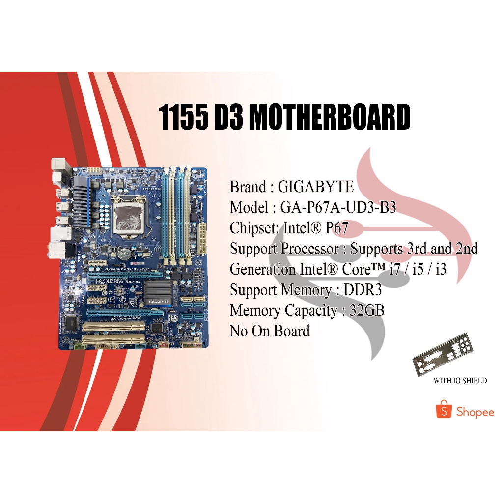 Socket 1155 D3 Motherboard P67 Gigabyte No On Board with Backplate ...