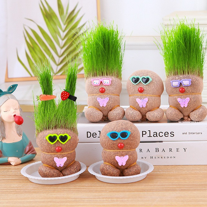 Cartoon Cute Growing Grass Doll Toys Flower Pot Desktop Decor For Kids ...