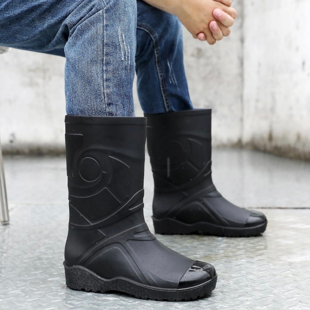 Mid cut rain bota simple plain rain flood boots for men rubber wear ...