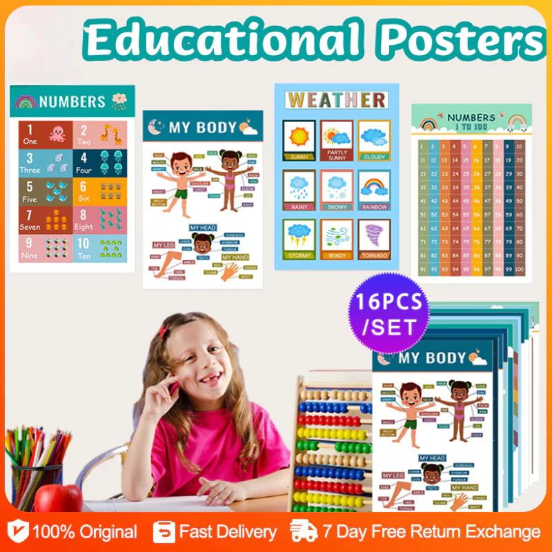 16pcs Chart for Kid Early Educational Set English Alphabet Numbers ...