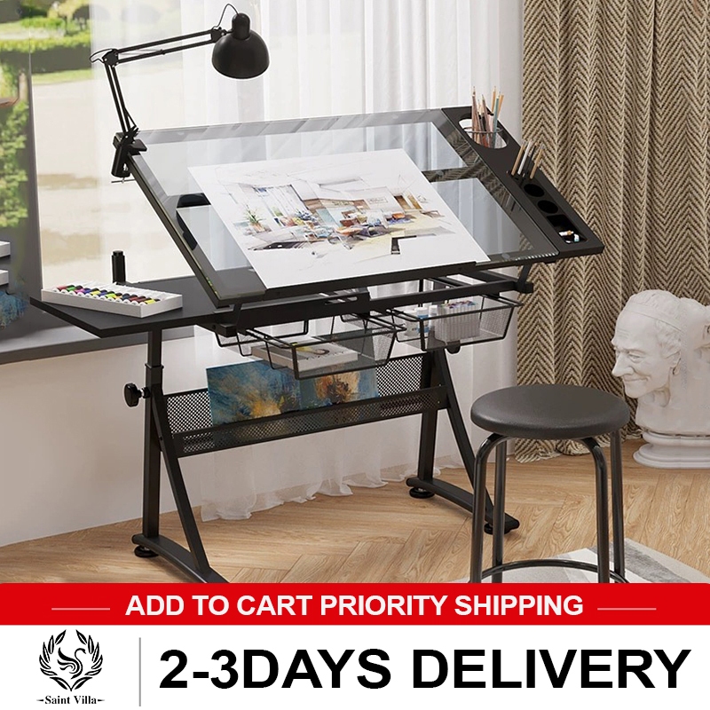 Leather bench and additional side table drawers, drafting glass table ...