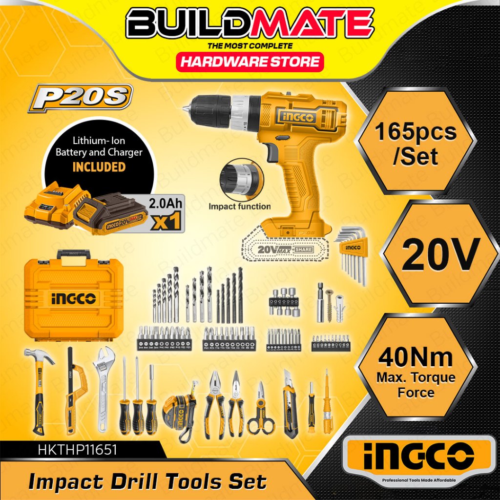BUILDMATE Ingco 165PCS Household Tools Set Cordless Impact Drill with Hand Tool Kit HKTHP11651 ...