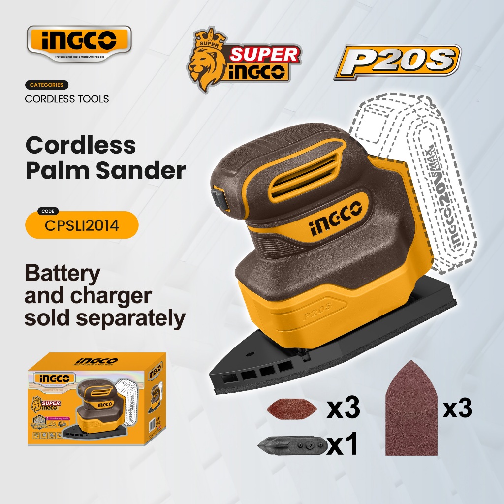Ingco 20V Cordless Lithium-Ion Palm Sander Battery and Charger Sold ...