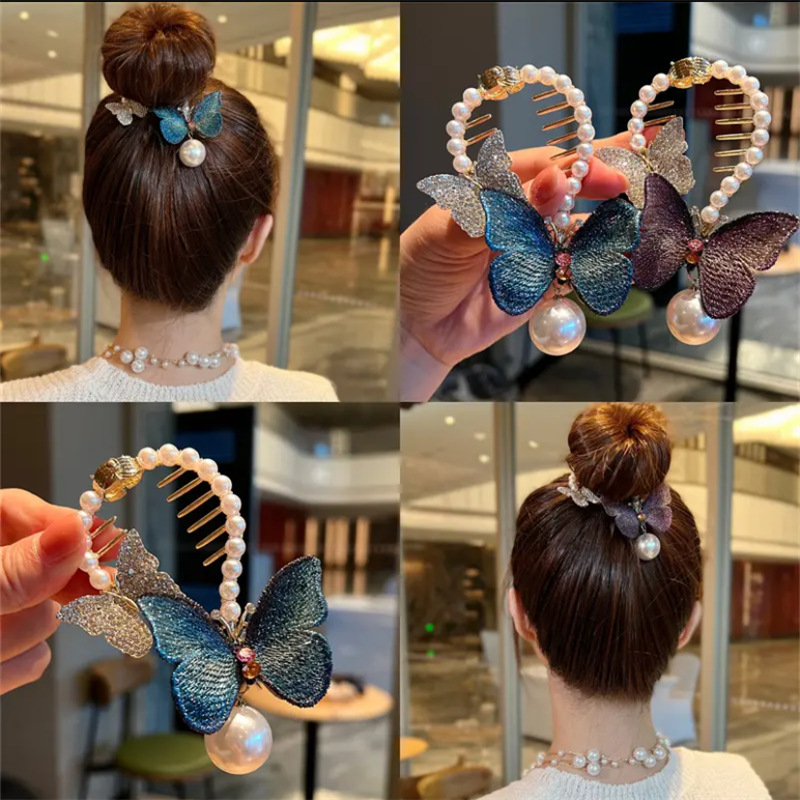Pearl Butterfly Hair Bun Buckle Hairpin Flower Tassel Back Brain Spoon ...