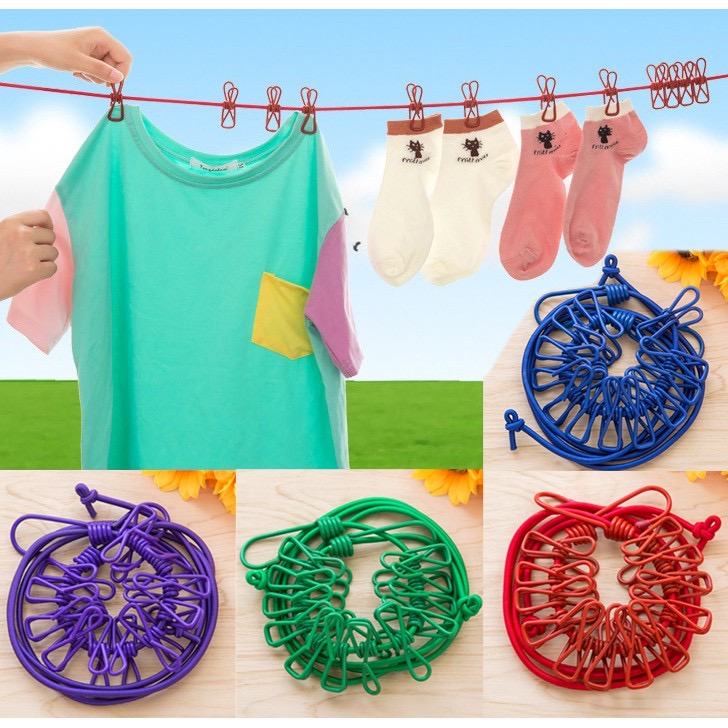 OFNATURE 184 cm Portable Elastic Clothesline Hanger Rope w/ 12 Clips ...